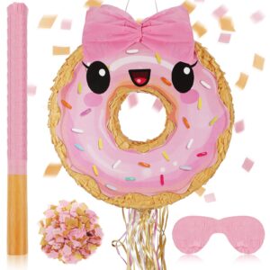 zhanmai pink donut pinata with string, bat and blindfold multicolor colorful pinata for reveal shower donut grow up theme donut party birthday anniversary party donut baby shower decorations