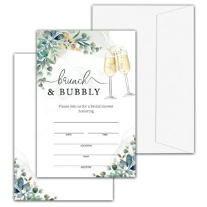 greenery eucalyptus brunch & bubbly invitations with envelopes for all occasions, 25 pcs champagne brunch blank fill-in invites for bridal shower, wedding reception, engagement party(02)