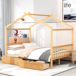 bellemave full house bed with storage drawers natural montessori beds wood beach bed frame cottage beds for kids girls boys teens, full size