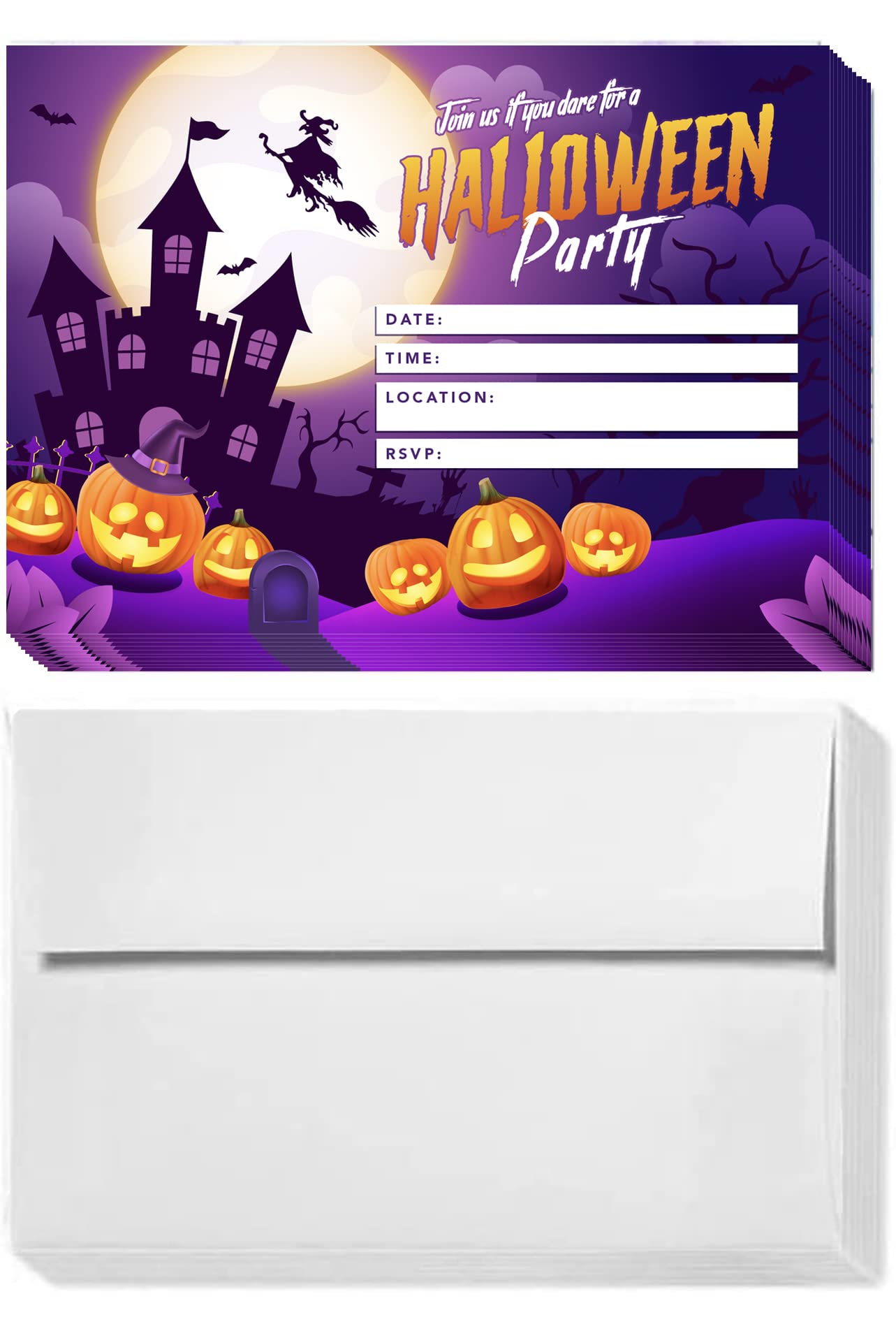 Halloween Party Invitations with Self Seal Envelopes | 15 Halloween Party Invitations and 15 Envelopes | 5 inches x 7 inches Halloween Birthday Party Invitations with A7 White Envelopes | Haunted House Pumpkin Spooky Party Invitations for Kids and Adults