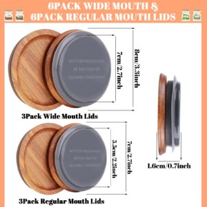 6Pack Regular Mouth and 6Pack Wide Mouth Mason Jar Lids Acacia Wooden Storage Canning Jar Lids Ball Jars Bamboo Wooden Lids with Airtight Silicone Seal, Brown