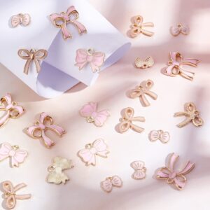 SUNNYCLUE 1 Box 40Pcs 4 Style Romantic Enamel Flat Bowknot Charms Pink Bow Tie Kawaii Dangle Pendants Bulk For Women Jewellry Making Earrings Necklace Bracelets Valentine's Day DIY CraftsSupplies