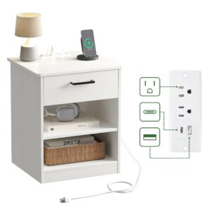 odika everyday side table with fast charging station - usb c cable fast charging, wooden white nightstand bedside table with drawer, end table with optional adjustable shelf for bedroom, set of 1