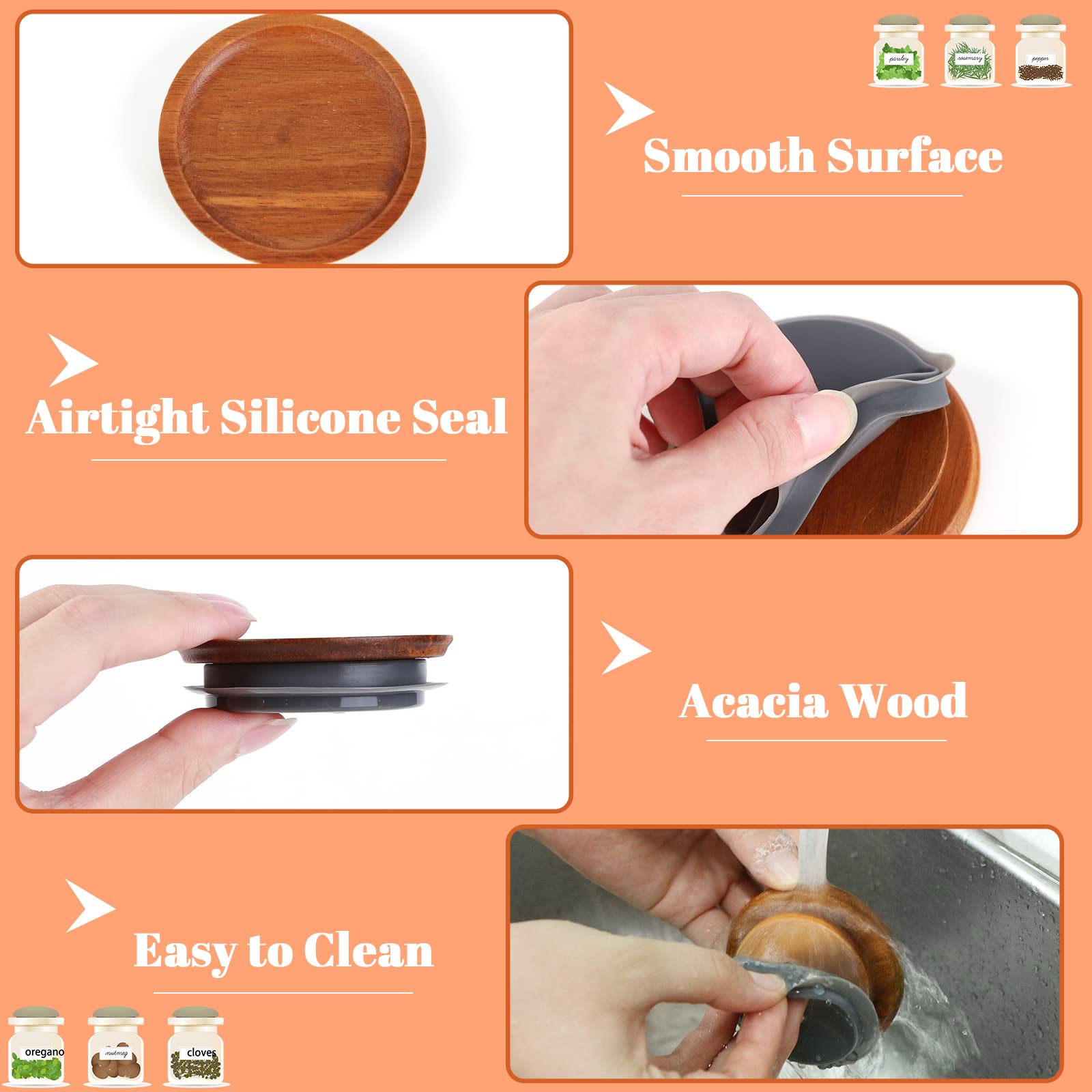 6Pack Regular Mouth and 6Pack Wide Mouth Mason Jar Lids Acacia Wooden Storage Canning Jar Lids Ball Jars Bamboo Wooden Lids with Airtight Silicone Seal, Brown