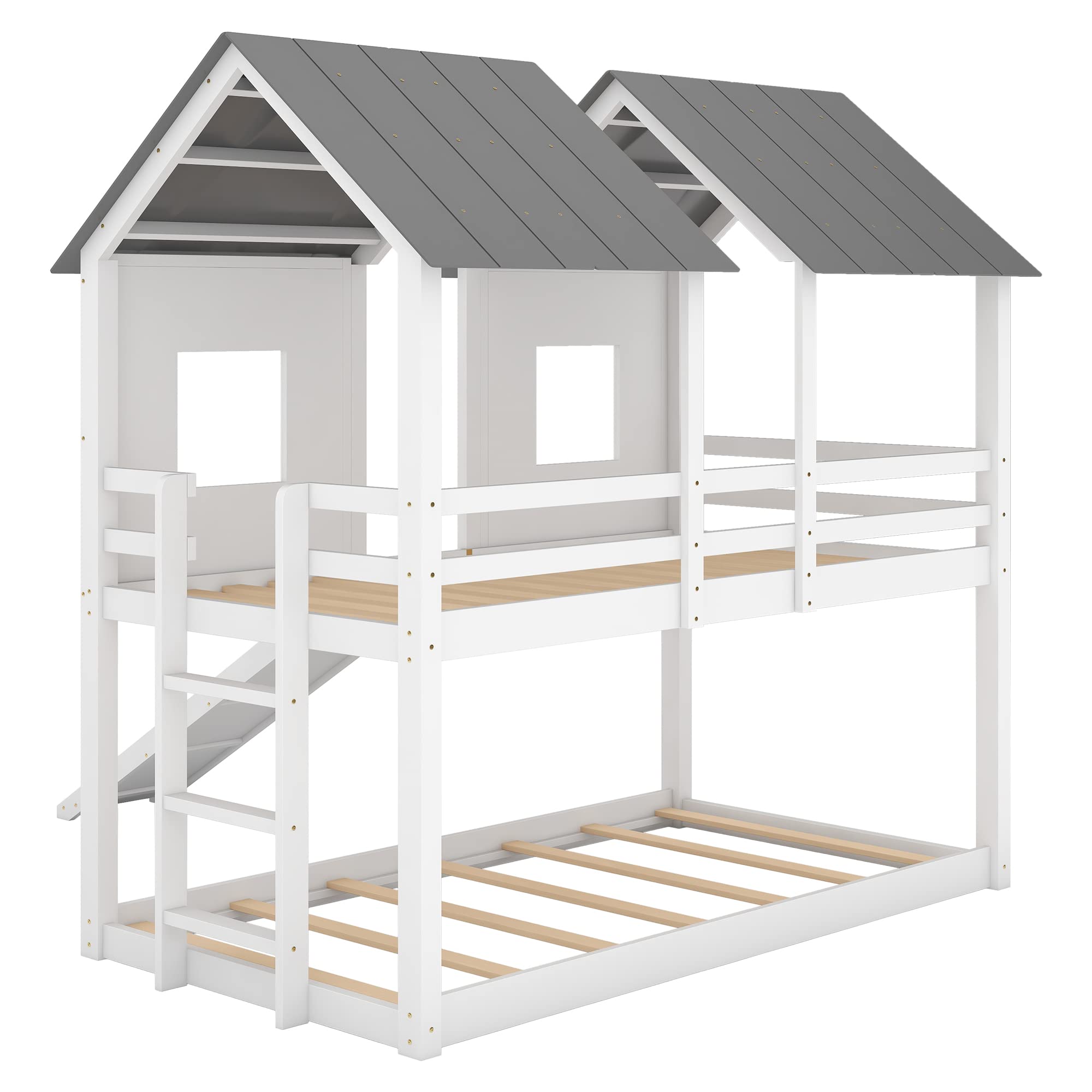 Merax Twin-Over-Twin Wooden House Bunk Bed with Slide, Windows, Ladder and Guardrails, Twin Size White House Bunk Bed