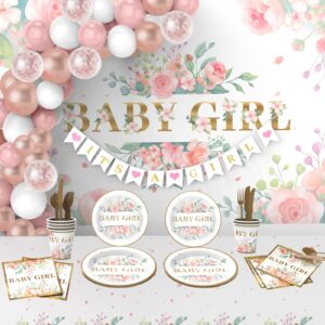 baby shower decorations for girl，242 pcs of floral girl baby shower decorations party supplies with background,disposable tableware（25 guests),"it's a girl" banner, balloons wreath and tablecloth