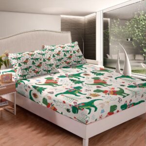 christmas fitted sheet for kids boys girls cartoon dinosaur christmas tree bedding set snowman new year bed sheet set bedroom decor xmas theme bed cover twin size 2pcs