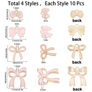 SUNNYCLUE 1 Box 40Pcs 4 Style Romantic Enamel Flat Bowknot Charms Pink Bow Tie Kawaii Dangle Pendants Bulk For Women Jewellry Making Earrings Necklace Bracelets Valentine's Day DIY CraftsSupplies