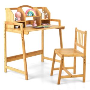 costzon kids desk and chair set, height adjustable bamboo desk with storage hutch, student writing computer workstation for bedroom, school, children study table and chair set for girls boys ages 3+