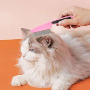 Flea and Lice Comb for Dogs and Cats - Promotes Hair Growth, Removes Loose Hair, Knots, and Flakes - Rubber Handle Brush for Pet Grooming (Pink)