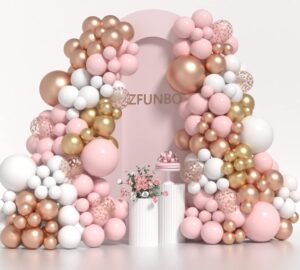 zfunbo rose gold balloon garland arch kit, 124pcs rose gold birthday decorations for girl with rose gold metallic pink white balloons garland for bridal shower birthday party decorations