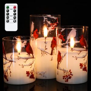 kunswenn red bird glass battery operated led flameless candles with remote timer, real wax led candles warm color flickering light for festival wedding home party decor(pack of 3, 3”x4”5”6”)