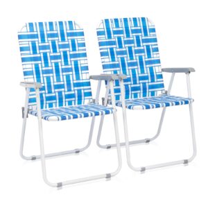 eebuihui set of 2 folding patio lawn chairs, webbed folding chair outdoor beach chair high back seat portable camping chair for yard, garden (blue white)