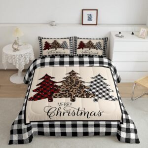 merry christmas kids comforter set queen size,xmas tree rustic bedding set,girls boys adults bedroom decor,geometric grid patchwork down comforter,black white stylish duvet insert,3pcs,2 pillowcases