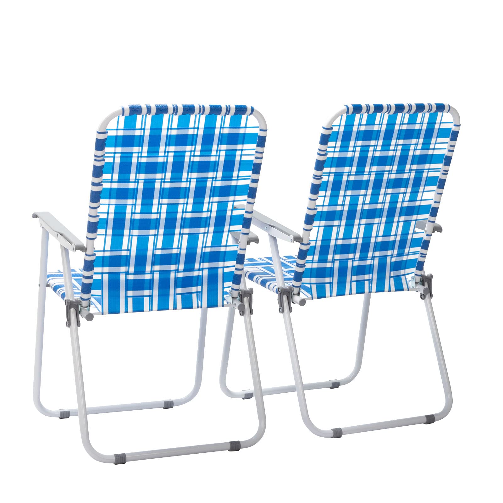 EEBUIHUI Set of 2 Folding Patio Lawn Chairs, Webbed Folding Chair Outdoor Beach Chair High Back Seat Portable Camping Chair for Yard, Garden (Blue White)