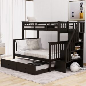 twin over full bunk bed with stairs and trundle wood stairway bunk beds with storage shelf for kids boys girls teens, espresso