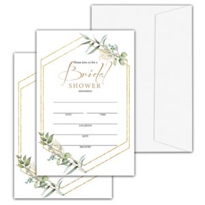 greenery eucalyptus bridal shower invitations with envelopes, 25 pcs gold foil blank fill-in invites for wedding reception, engagement party, bachelorette party(10)