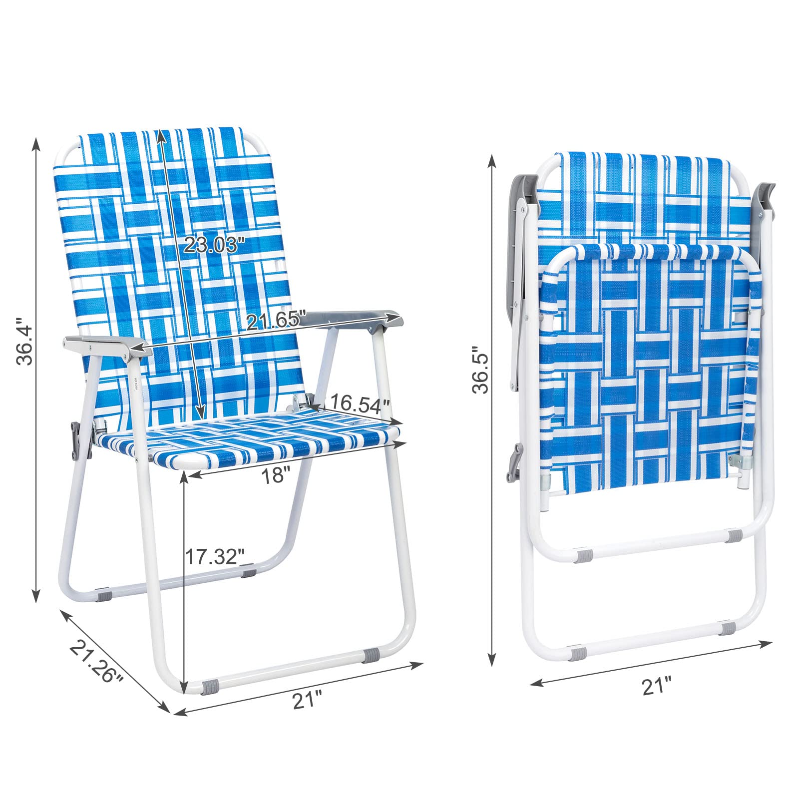 EEBUIHUI Set of 2 Folding Patio Lawn Chairs, Webbed Folding Chair Outdoor Beach Chair High Back Seat Portable Camping Chair for Yard, Garden (Blue White)