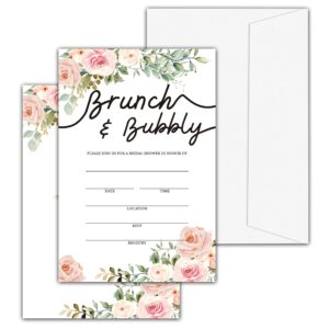 boho floral greenery brunch & bubbly invitations with envelopes for all occasions, 25 pcs champagne brunch blank fill-in invites for bridal shower, wedding reception, engagement party(04)