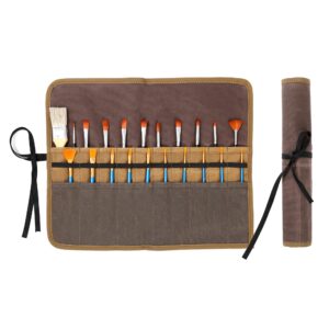 kaaltisy artist brush & pencil holder case, portable paintbrush storage roll with tie rope & 2-layer slots - heavy duty 16oz waxed canvas paintbrush roll | brown