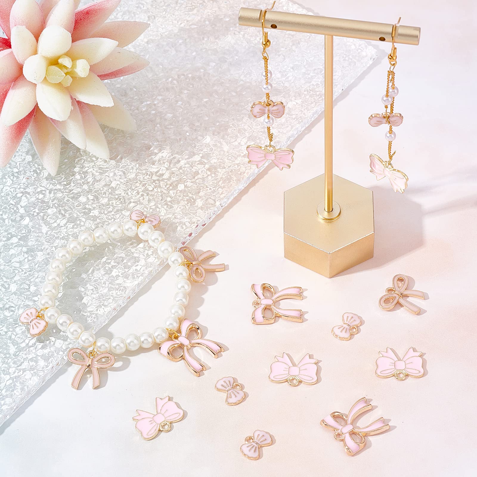 SUNNYCLUE 1 Box 40Pcs 4 Style Romantic Enamel Flat Bowknot Charms Pink Bow Tie Kawaii Dangle Pendants Bulk For Women Jewellry Making Earrings Necklace Bracelets Valentine's Day DIY CraftsSupplies