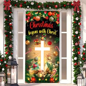 christmas cross door cover nativity cross religious door decorations banner christmas begins with christ porch sign photo backdrop background for christmas holiday indoor outdoor home decor