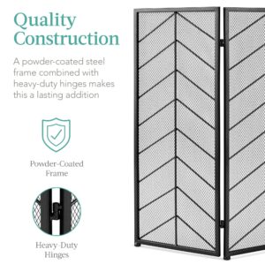 Best Choice Products 52x31in 3 Panel Chevron Fireplace Screen, Mid Century Modern Wrought Iron Hand Crafted Fire Place Guard for Living Room Home Decor, Steel Mesh - Black