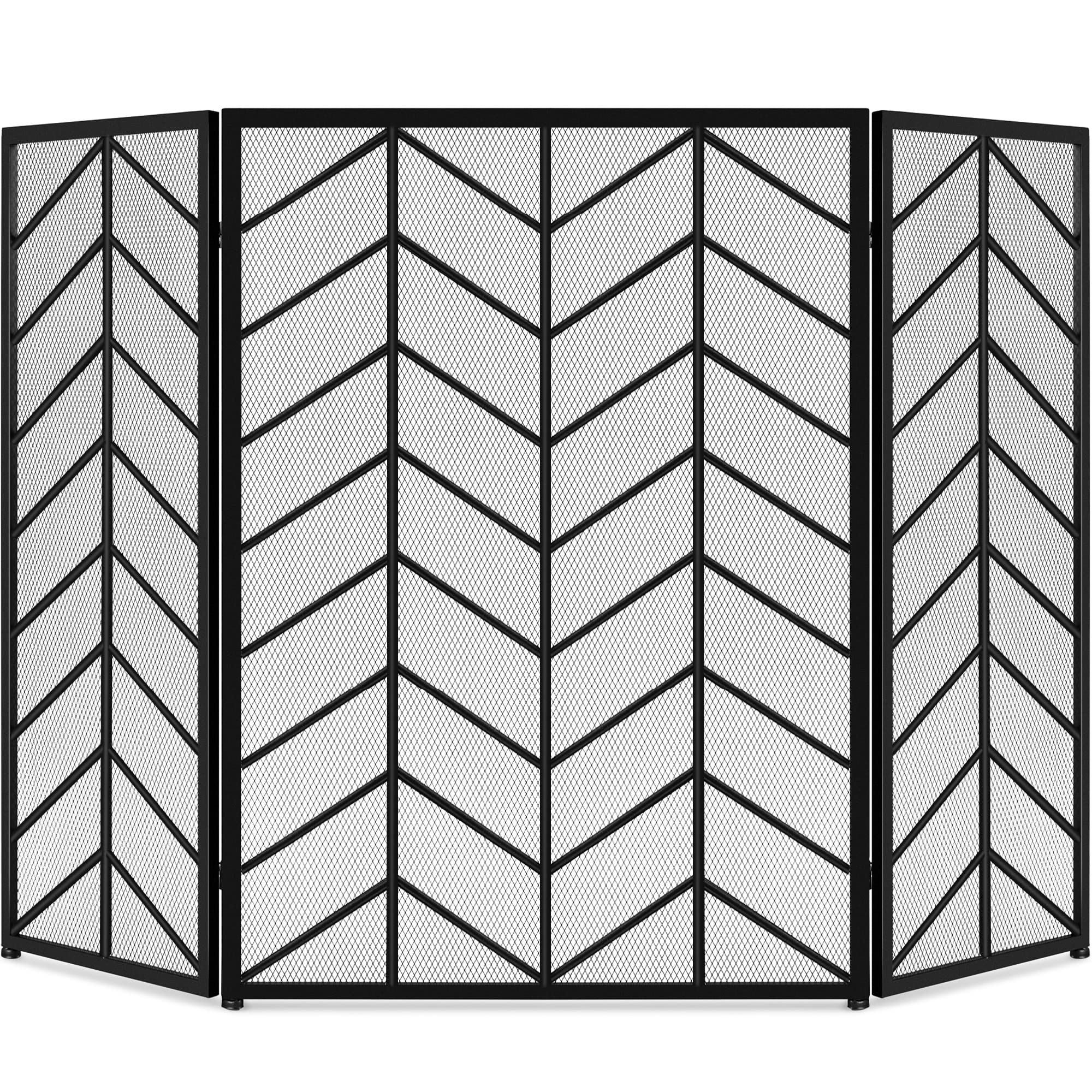 Best Choice Products 52x31in 3 Panel Chevron Fireplace Screen, Mid Century Modern Wrought Iron Hand Crafted Fire Place Guard for Living Room Home Decor, Steel Mesh - Black