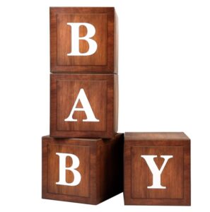 wood baby shower boxes party decorations - 4 wood grain brown blocks with printed baby letters, gender reveal backdrop,teddy bear baby shower supplies, first birthday centerpiece decor