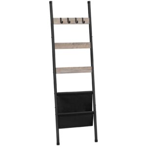 hoobro blanket ladder, 5 tier towel rack, 17.3" l x 63" h, wall-leaning blanket rack for living room, decorative ladder with 4 hooks and magazine pocket, greige bg32cj01