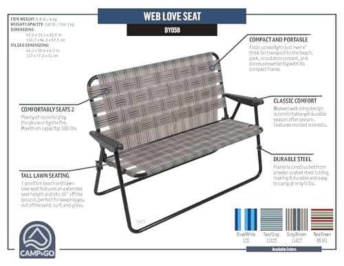 CAMP & GO High Seat Outdoor Double Wide Loveseat Web Folding Chair, Grey, 45.94" W x 22.63" D x 33.14" H