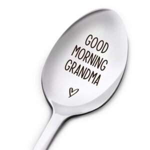 good morning grandma spoon gift, mother’s day birthday thanksgiving christmas gifts for best grandma ever, mom gifts from granddaughter grandson, engraved stainless steel spoon gifts for grandma