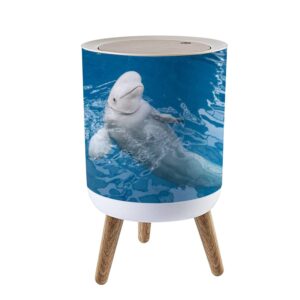 jwhfzmanpyk round trash can with lid beluga whale press top recycle bin small garbage can dog proof wastebasket wooden legs bathroom kitchen 7l/1.8 gallon