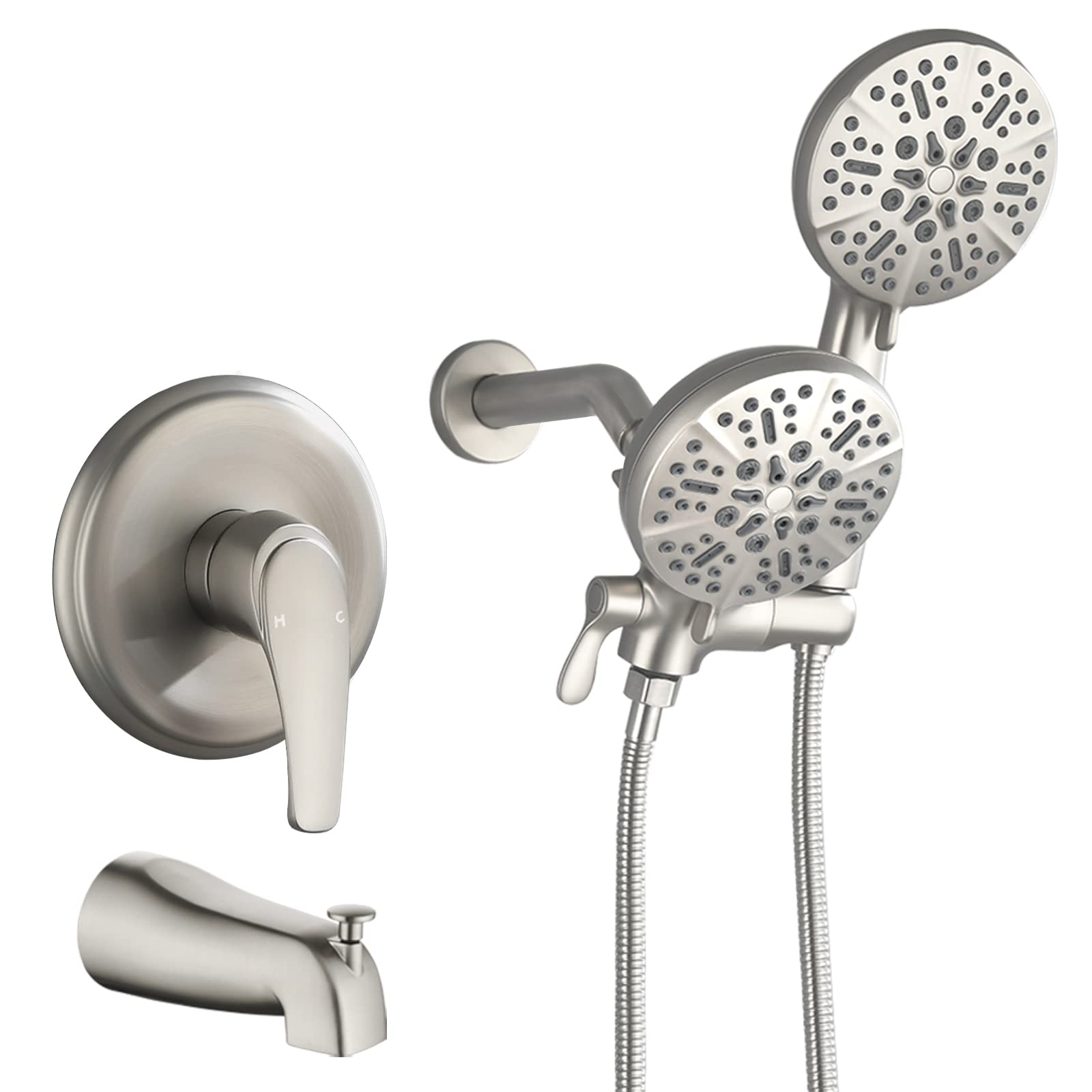 Shower Tub Kit Dual Shower System with Tub Spout Tub and Shower Faucet Set Complete Dual Shower Head and Handheld Combo Set Tub and Shower Trim Kit Brushed Nickel 88056BN