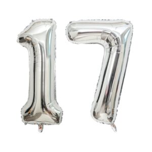 xlood number 17 balloons 32 inch digital balloon alphabet 17 birthday balloons digit 17 helium balloons big balloons for birthday party supplies wedding bachelorette bridal shower, silver number 17th