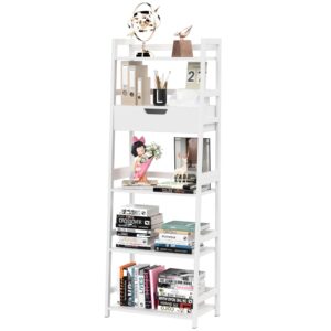 bookshelf with drawer, 5 tiers bamboo bookcase book shelf storage organizer modern ladder shelf display stand shelving unit tall book shelf corner rack for home office,living room,kitchen,bedroom,toy