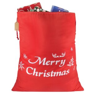 hrx package large cotton christmas bag, 32x28 inch fabric drawstring santa sack, reusable cloth wrapping bag with gift tag for xmas presents