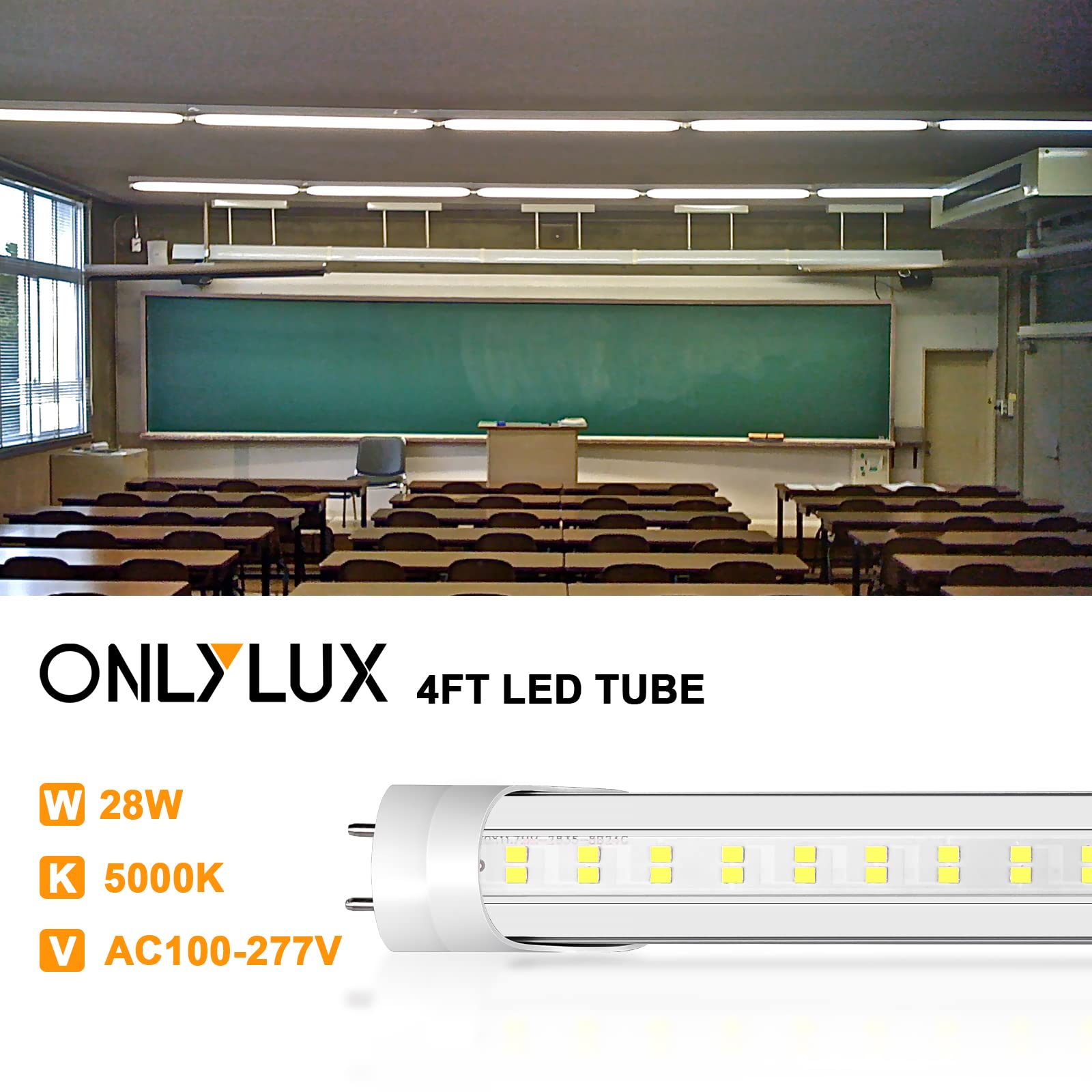 ONLYLUX Led Tube Lights 4ft, 4 Foot Led Bulbs 24-Pack 28W 5000K 4000lm Daylight T8 T10 T12 Fluorescent Replacement Dual Ended Power Clear Lens