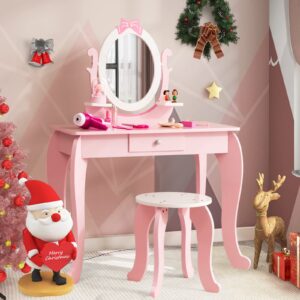 costzon kids vanity set with mirror, 2 in 1 princess makeup dressing table w/detachable top, toddler vanity with 360° rotating mirror, drawer & stool, pretend play vanity set for little girls, pink