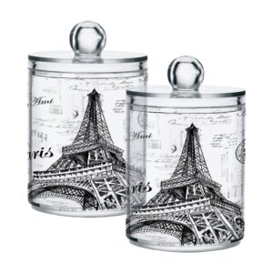 wellday apothecary jars bathroom storage organizer with lid - 14 oz qtip holder storage canister, paris eiffel tower clear plastic jar for cotton swab, cotton ball, floss picks