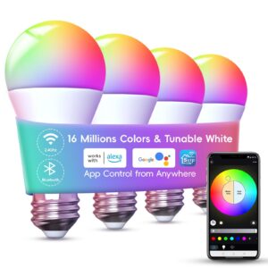 dawwee color changing light bulb app control, 2.4ghz wifi and bluetooth smart light bulbs music sync, magic rgb light bulb compatible with alexa google, e26 led light bulb, 4 pack