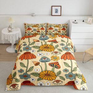 castle fairy retro flowers comforter set twin size,70s floral mushroom quilt set for kids boys bedroom collection,art hippie plant eye print polyester bedding with 1 pillowcase,2pcs