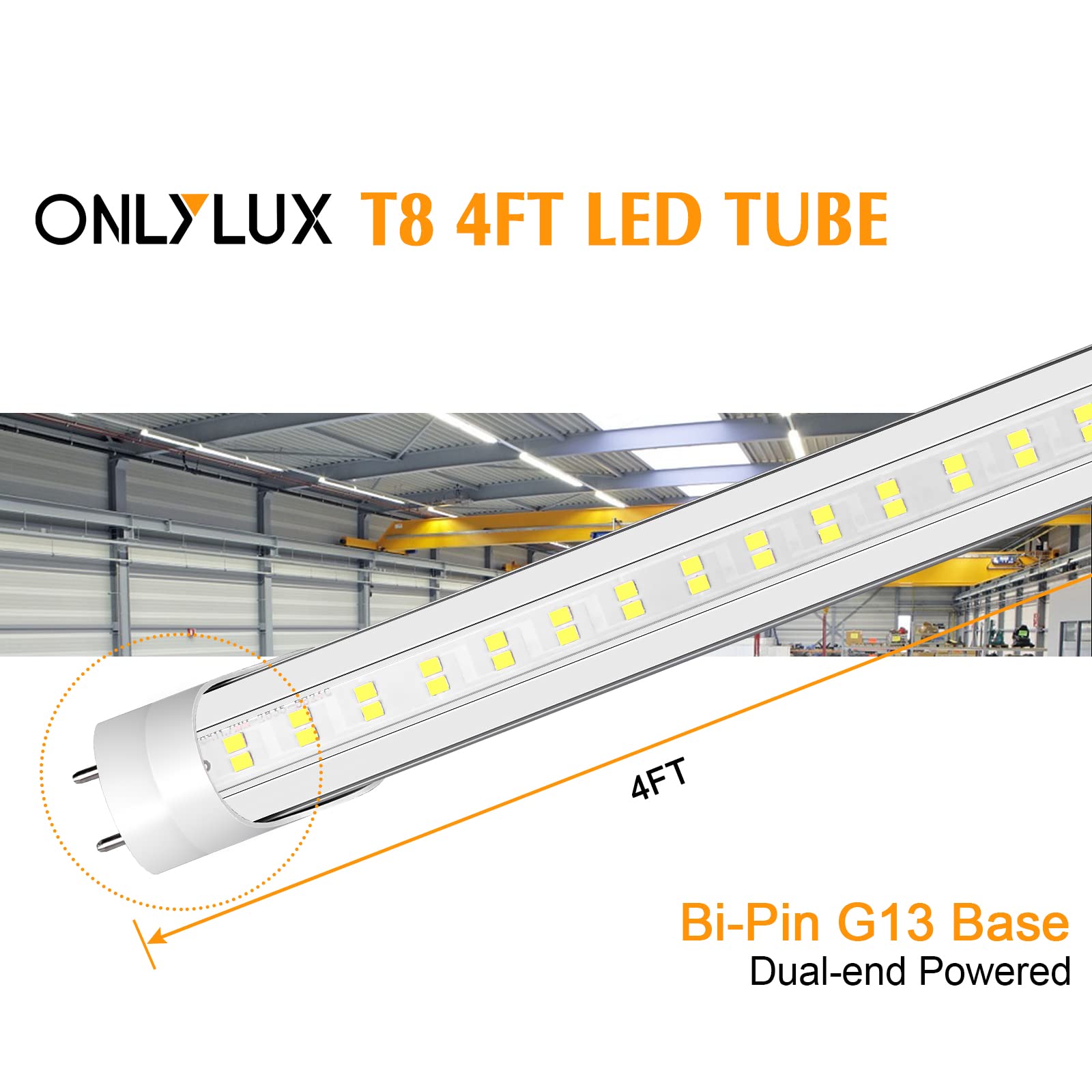 ONLYLUX Led Tube Lights 4ft, 4 Foot Led Bulbs 24-Pack 28W 5000K 4000lm Daylight T8 T10 T12 Fluorescent Replacement Dual Ended Power Clear Lens