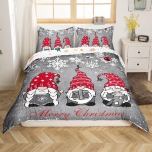 christmas gnomes duvet cover, xmas theme comforter cover for kids boys girls teens adult, santa claus snowflake bell bedding set merry christmas bedspread cover with 2 pillow cases, grey, queen