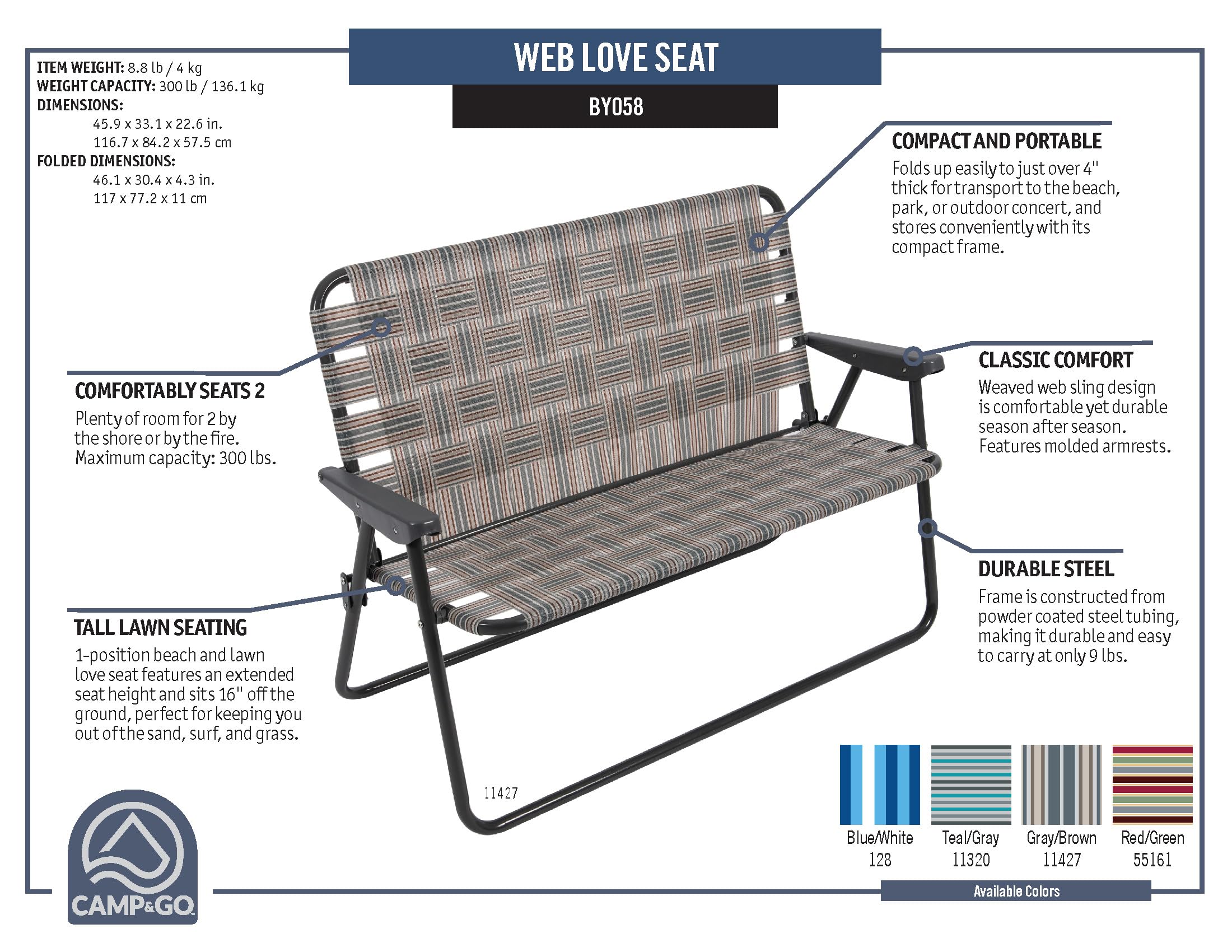 CAMP & GO High Seat Outdoor Double Wide Loveseat Web Folding Chair, Grey, 45.94" W x 22.63" D x 33.14" H