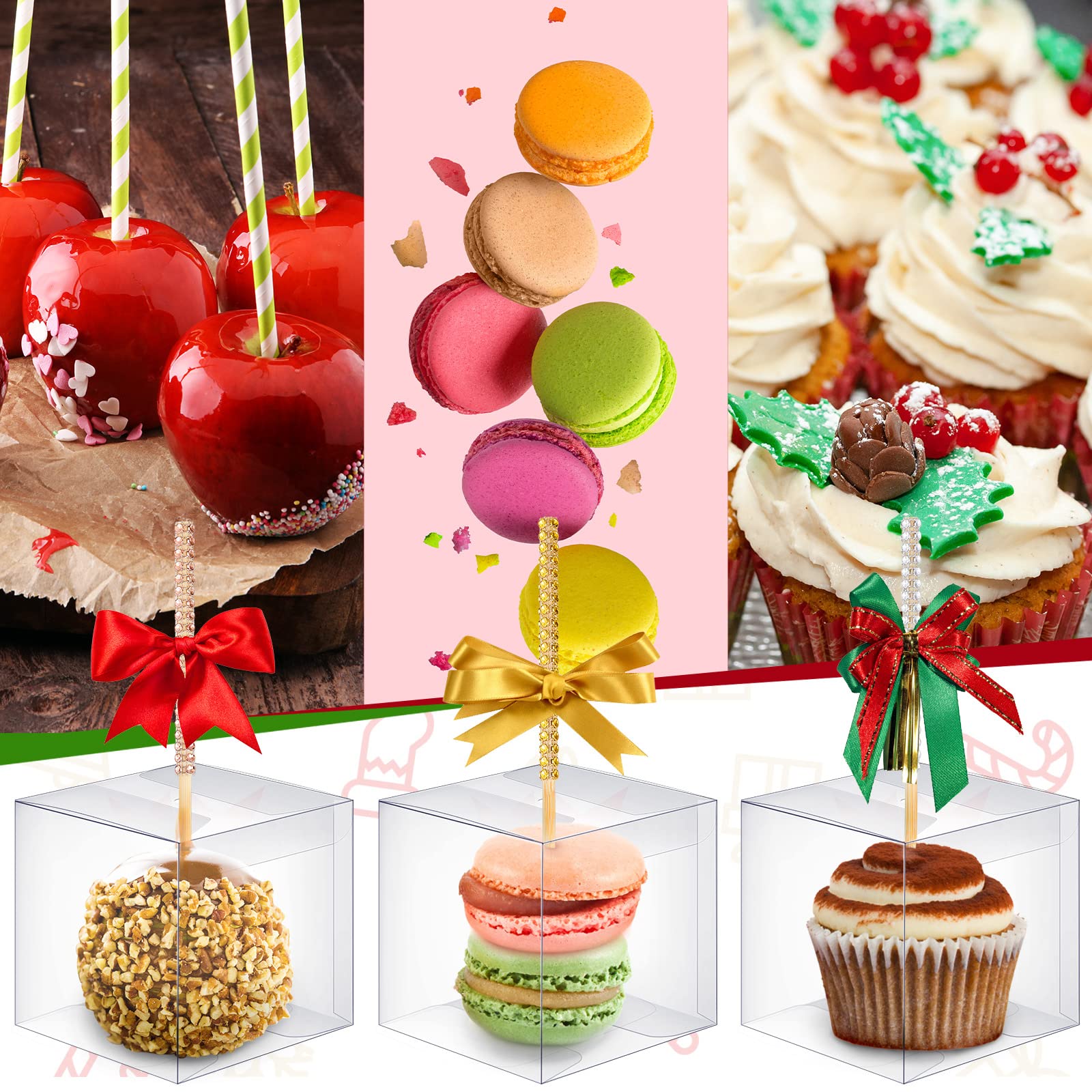 200 Pcs Candy Apple Boxes Clear Apple Boxes with Hole 4 x 4 x 4 Inch Gift Box Transparent Caramel Apple Boxes Plastic Wrapping Containers for Cookies Chocolate Wedding Thanksgiving Autumn Party Favor