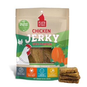 plato pet treats air dried, real meat, chicken jerky with pumpkin dog treats, made in the usa, grain free, 16oz