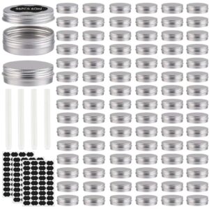 obkjj 96 pack round cans with screw lid 2 oz aluminum metal tins diy food candle containers for lotion bars, balms, salve, spices, beard balm, crafts with 4 markers 3 sheets label stickers (silver)