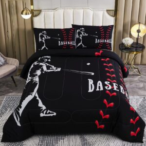 mwmwmw boys queen comforter set, sports theme baseball bedding set for kids girls teens, 3 pcs soft microfiber baseball player blanket, 1 comforter with 2 pillowcases