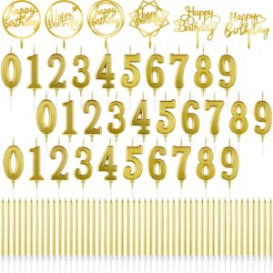 shihanee 84 pcs birthday candles set, 30 birthday numeral candles 0-9 cake candles, 48 birthday party long thin cake candles metallic, 6 happy birthday cake toppers for wedding christmas(gold)